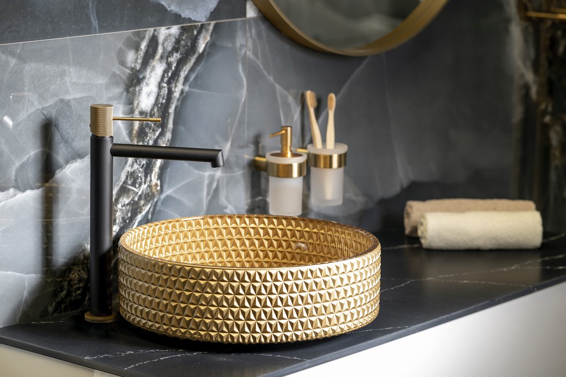 Umyvadlová stojánková páková baterie černá/zlato – Sapho SOLARIS WD006G ...