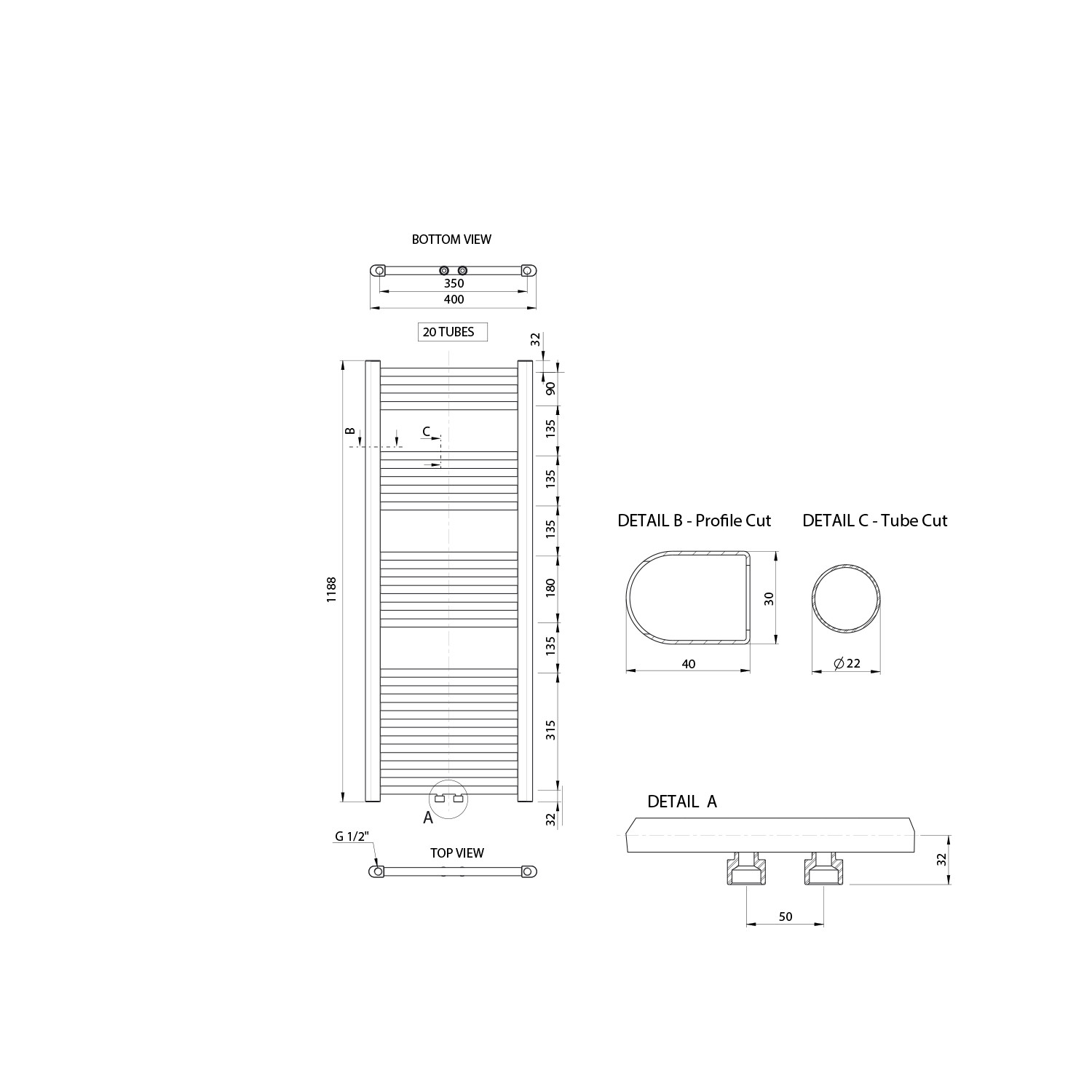 ALYA otopné těleso rovné 400x1188mm, středové připojení, chrom | M.B ...